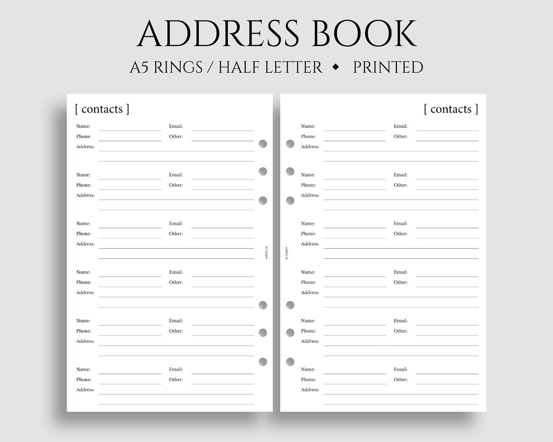 Address Book Planner Inserts, A5 6-ring Punch, Half Letter Size ...
