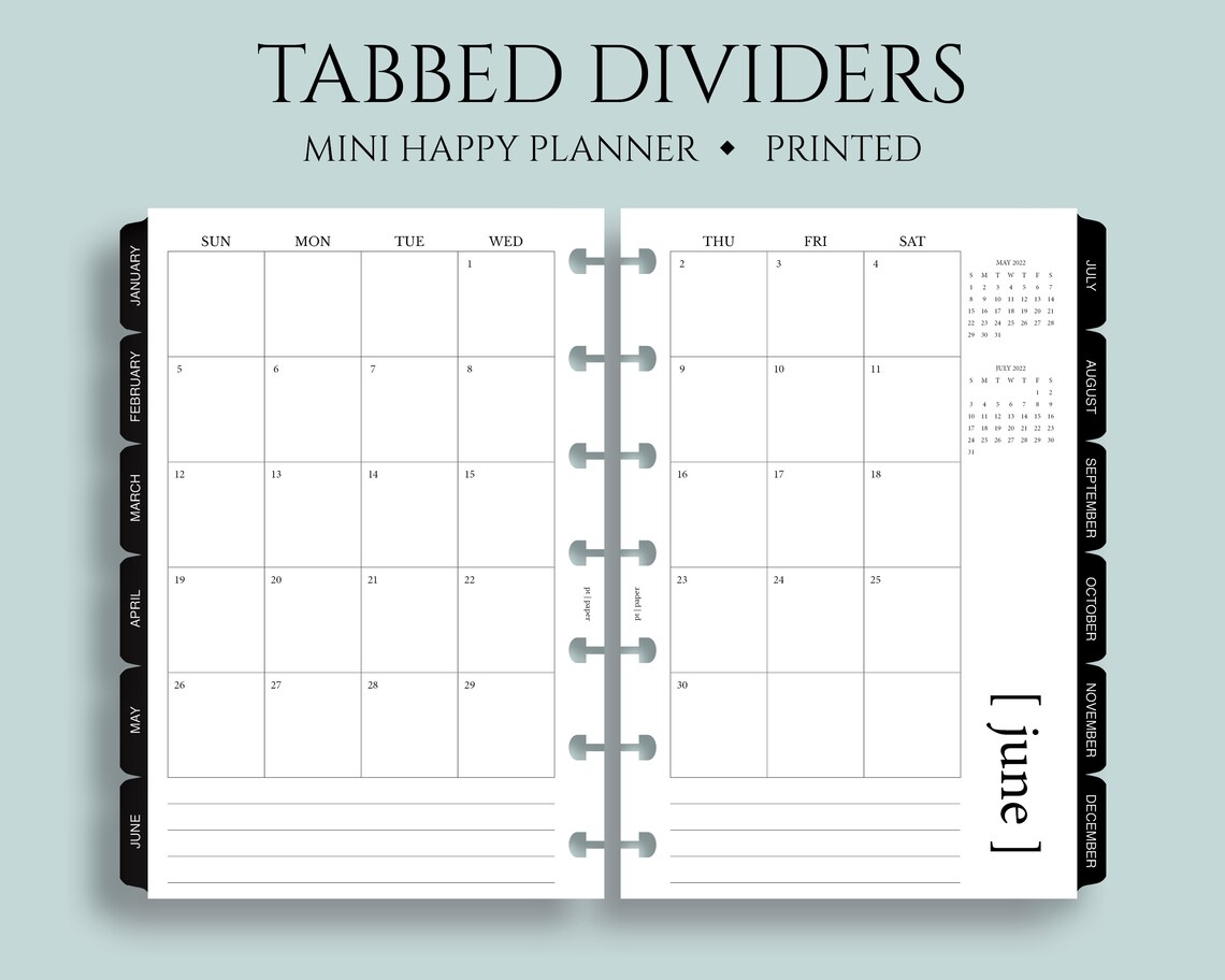 Tabbed Monthly Dividers Printed Monthly Calendars With Mylar | Etsy