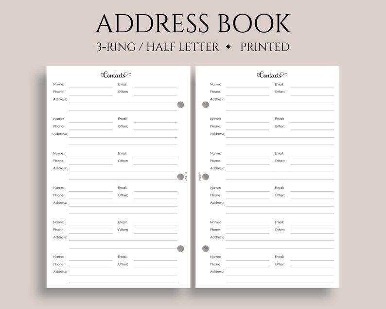 Address Book Inserts, Personal and Business Contacts Pages, Phone ...