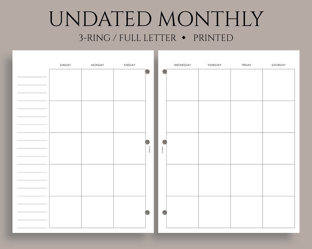 Undated Monthly Calendar Planner Inserts, Sunday Start, Sunday to ...