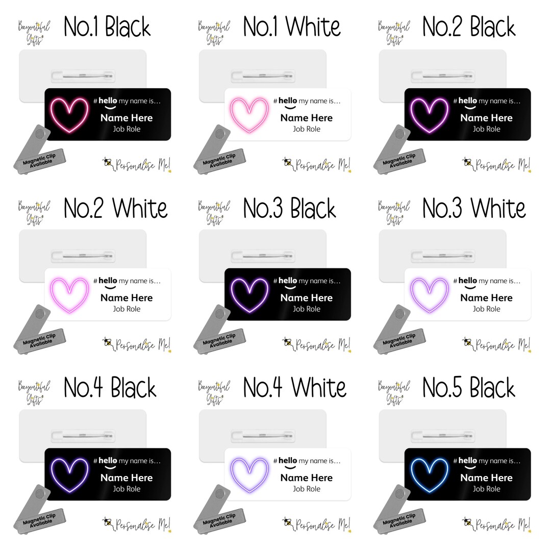 Hello My Name is Name Badge - Neon Heart Black/white | Personalised ...