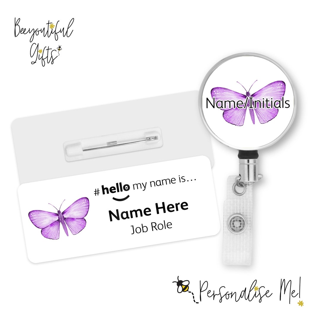Hello My Name is Name Badge Watercolour Purple Butterfly Personalised ...