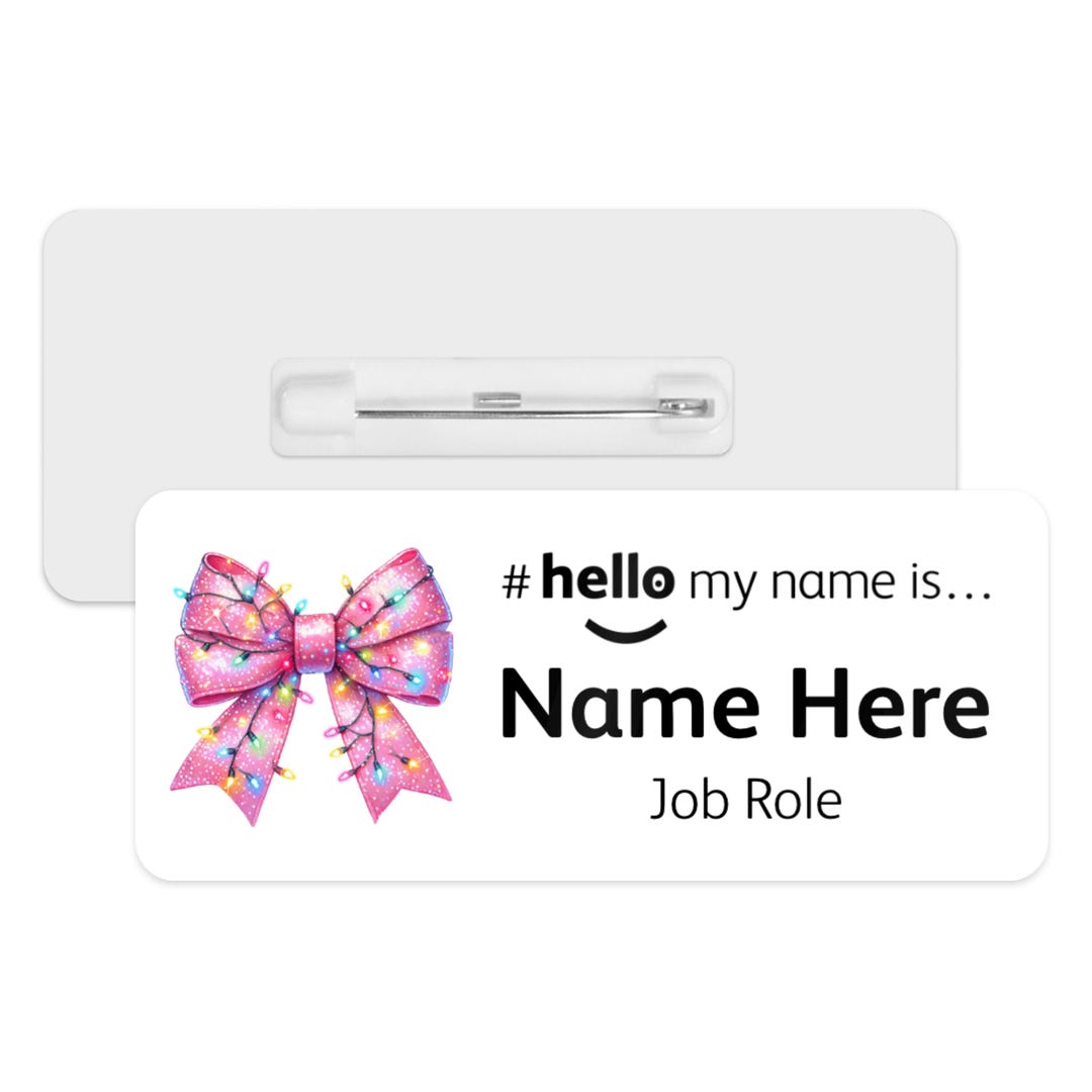 Hello My Name is Name Badge - Pink Lights Coquette Ribbon ...