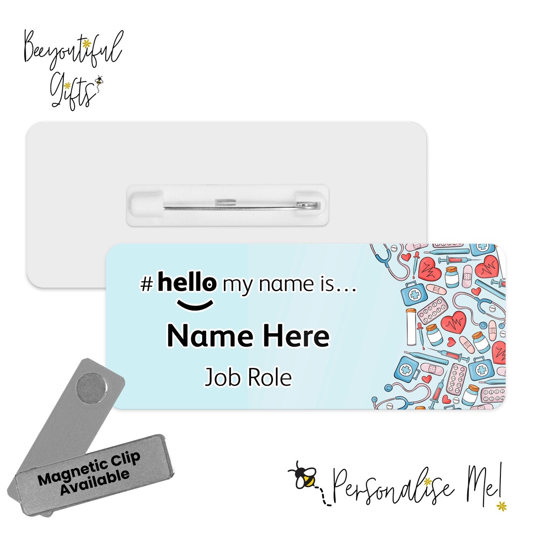 Hello My Name is Name Badge Blue Cartoon Medical Items Personalised ...