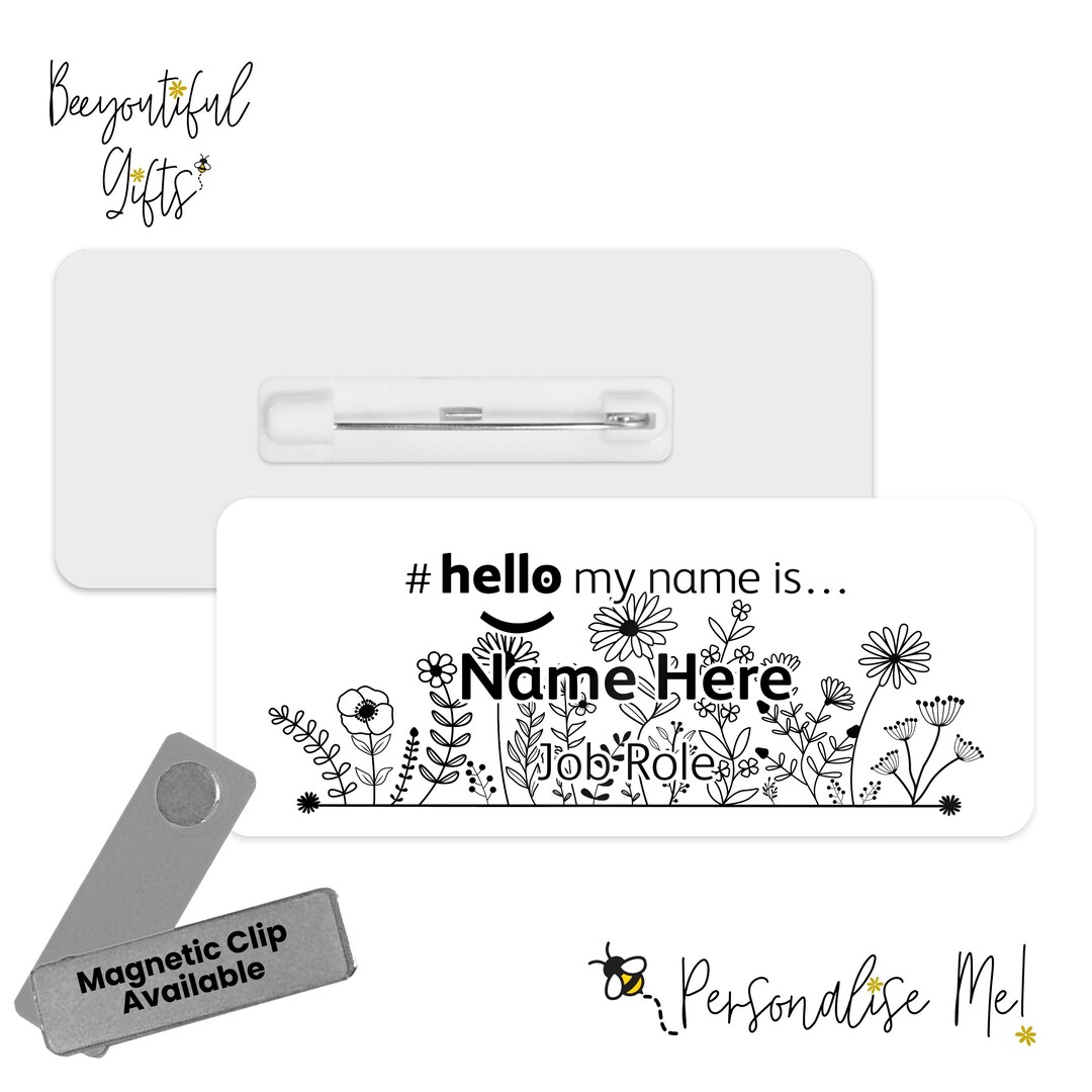 Hello My Name is Name Badge Monochrome Hand Drawn Flowers Personalised ...