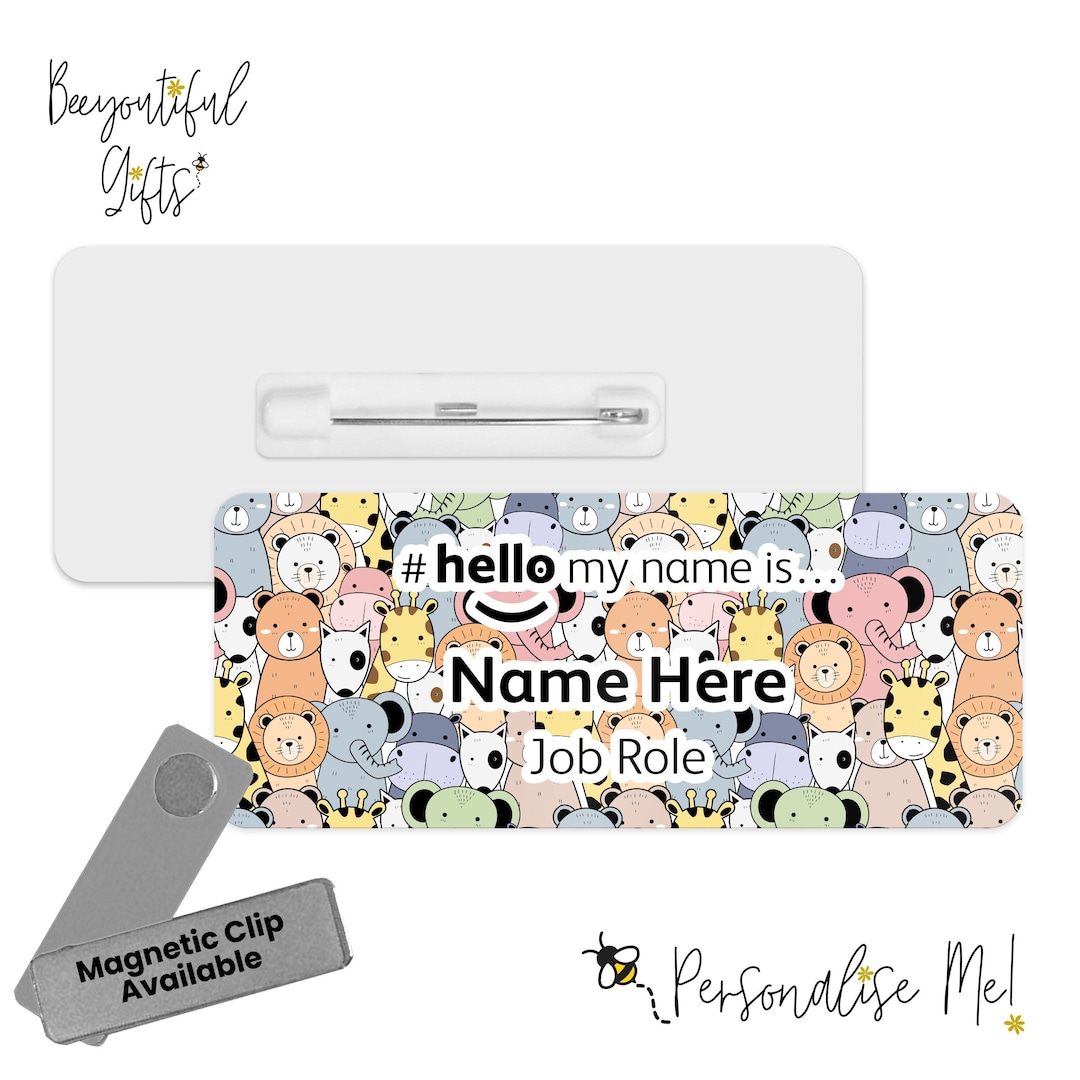 Hello My Name is Name Badge Cute Cartoon Doodle Animals Personalised ...