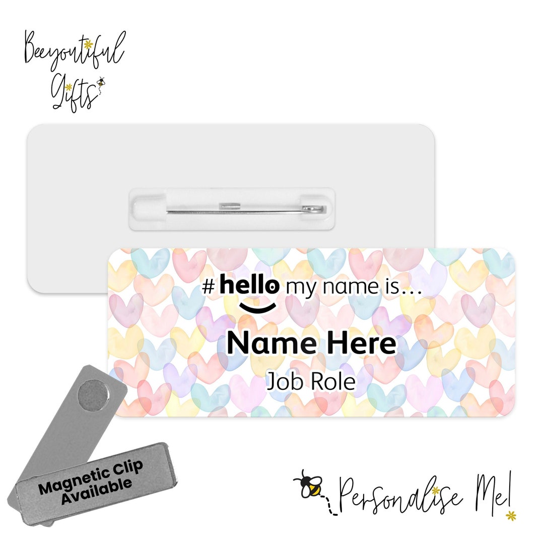 Hello My Name is Name Badge Overlapping Hearts Background Personalised ...