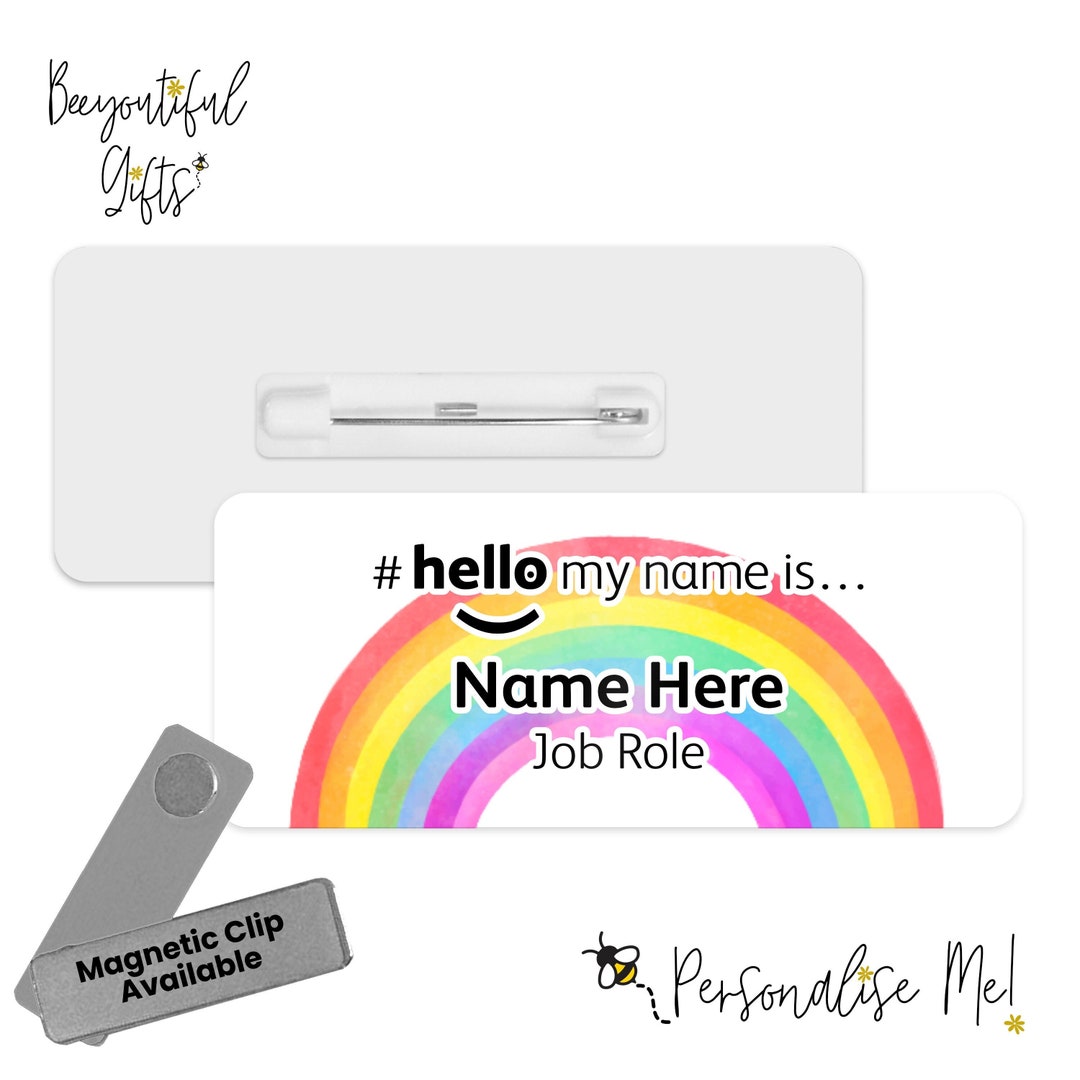 Hello My Name is Name Badge Boho Watercolour Rainbow Personalised Badge ...