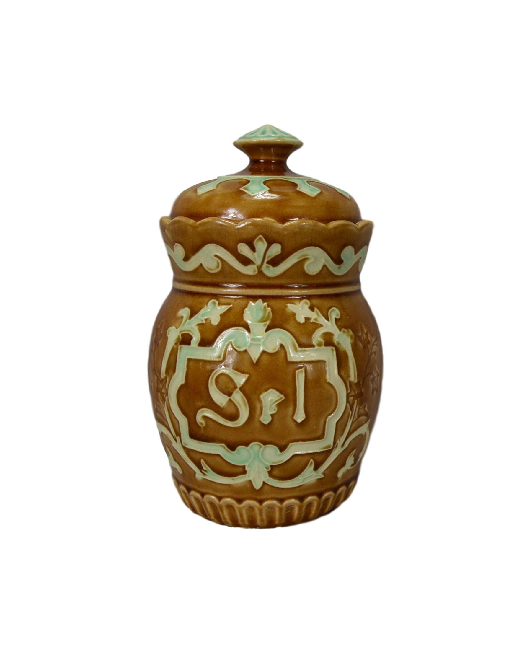 Antique French Majolica Salt Canister, Glazed Pottery Storage Container ...