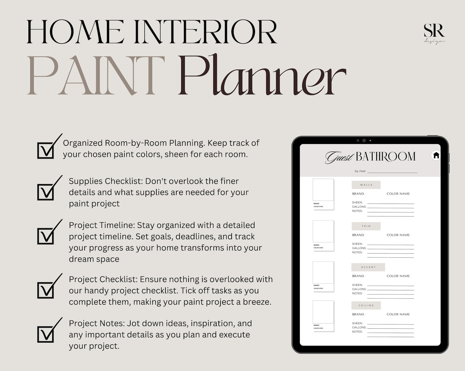 Interior Paint Project Digital Home Planner Notebook With Hyperlinks ...