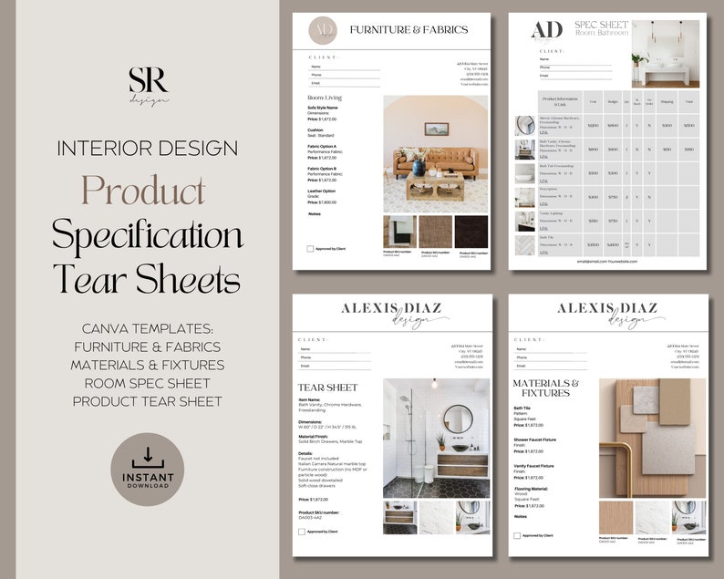 Interior Design Product Specification Sheets (set of 4) | FFE Tear ...