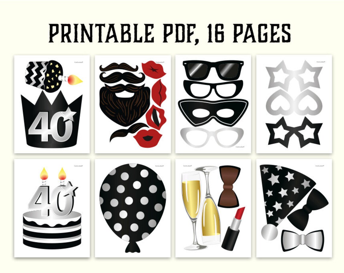 40th Birthday Photo Booth Props: Printable PDF. Black and Silver ...