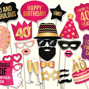 40th Birthday Photo Booth Props: Printable PDF. Hot Pink and Gold ...