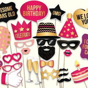 Birthday Photo Booth Props: Printable PDF. Pink and Gold Birthday Party ...
