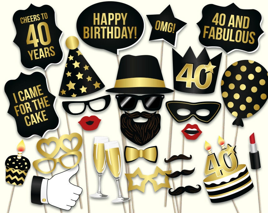 40th Birthday Photo Booth Props: Printablepdf. Black and Gold Forthieth ...