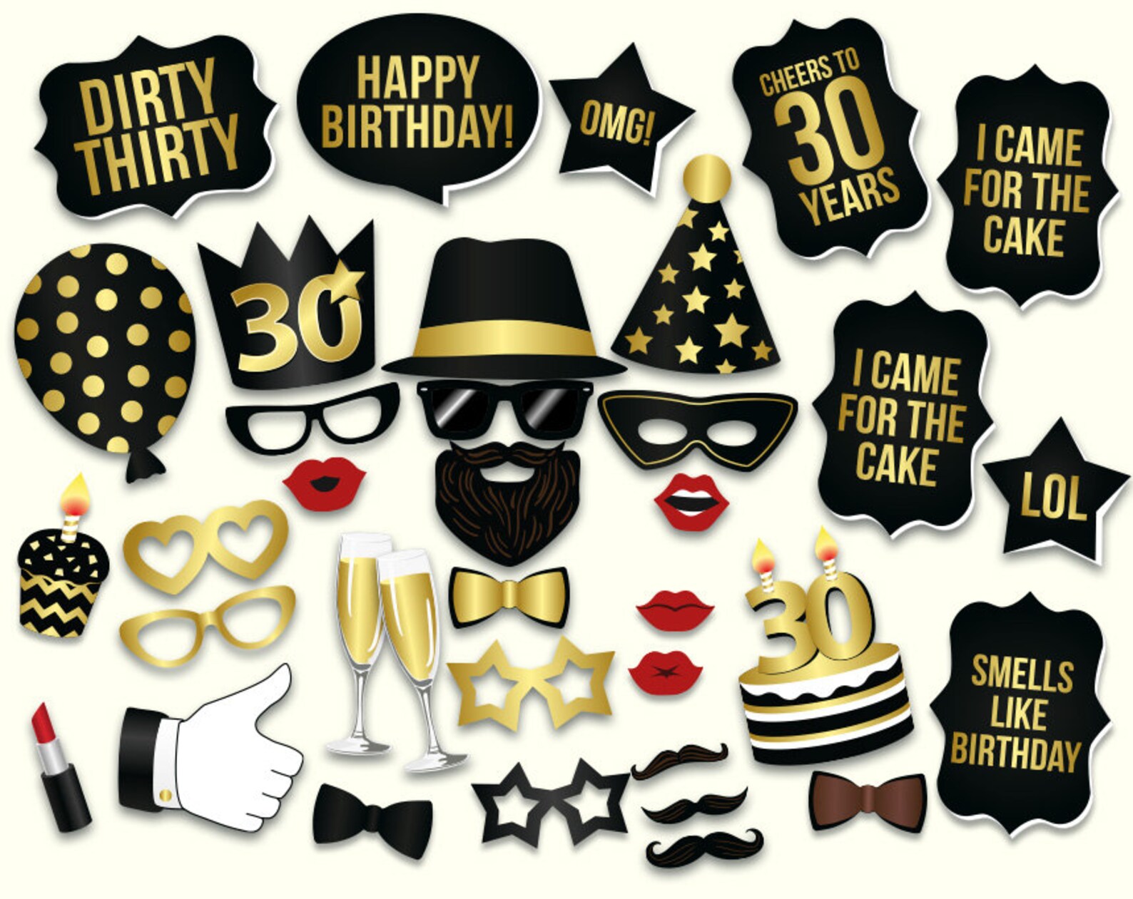 30th Birthday Photo Booth Props: Printable PDF. Black and Gold. Dirty ...