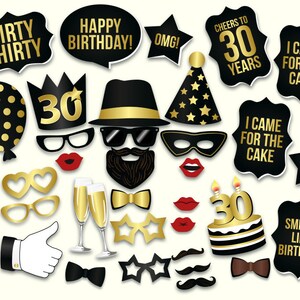 30th Birthday Photo Booth Props: Printable PDF. Black and Gold. Dirty ...