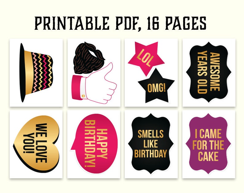 Birthday Photo Booth Props: Printable PDF. Pink and Gold - Etsy