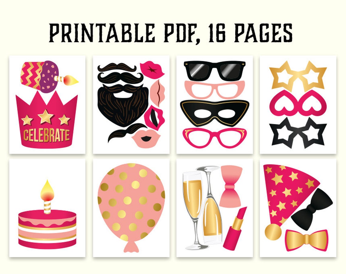 Birthday Photo Booth Props: Printable PDF. Pink and Gold - Etsy