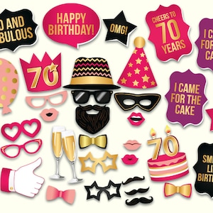 70th Birthday Photo Booth Props: Printable PDF. Hot Pink and Gold ...