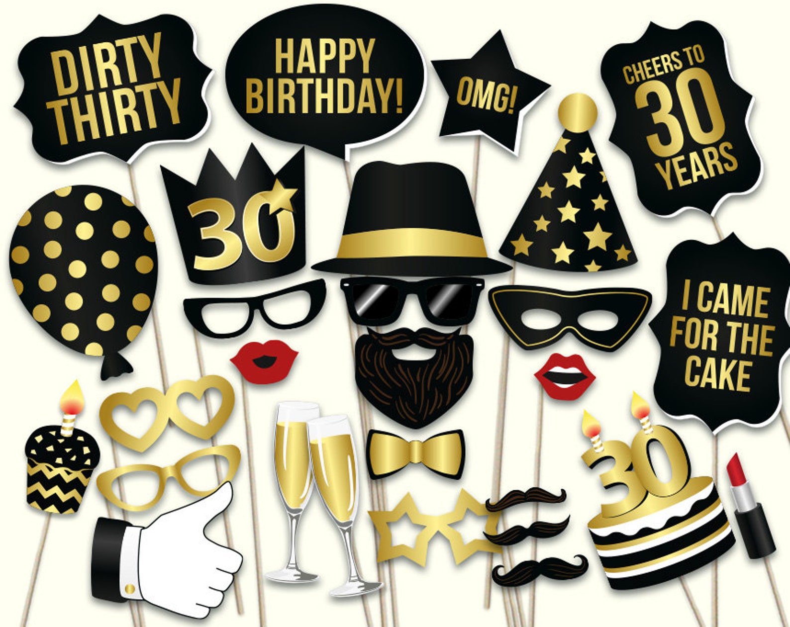30th Birthday Photo Booth Props: Printable PDF. Black and Gold. Dirty ...