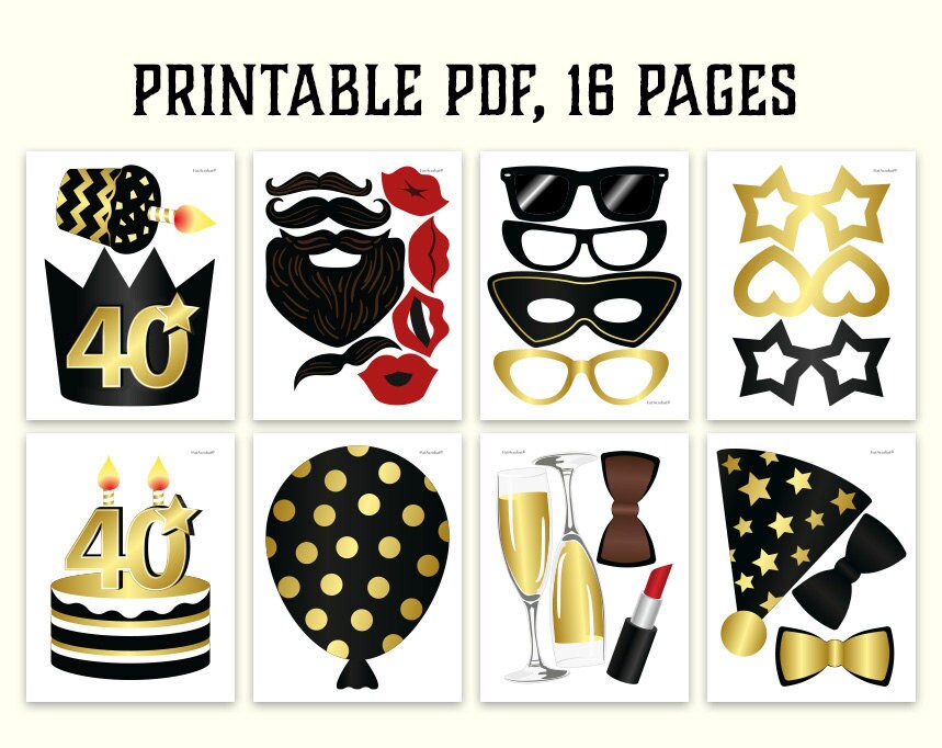 40th Birthday Photo Booth Props: Printablepdf. Black and Gold Forthieth ...