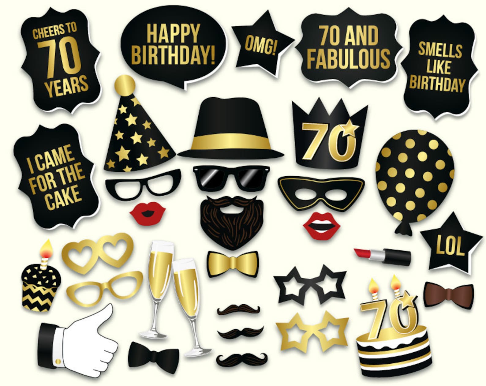 70th Birthday Photo Booth Props: Printable PDF. Black and Gold ...