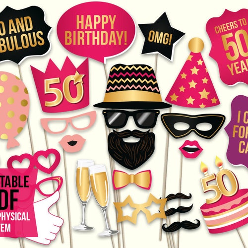 50th Birthday Party Photo Booth Props Black and Gold Glitter. - Etsy