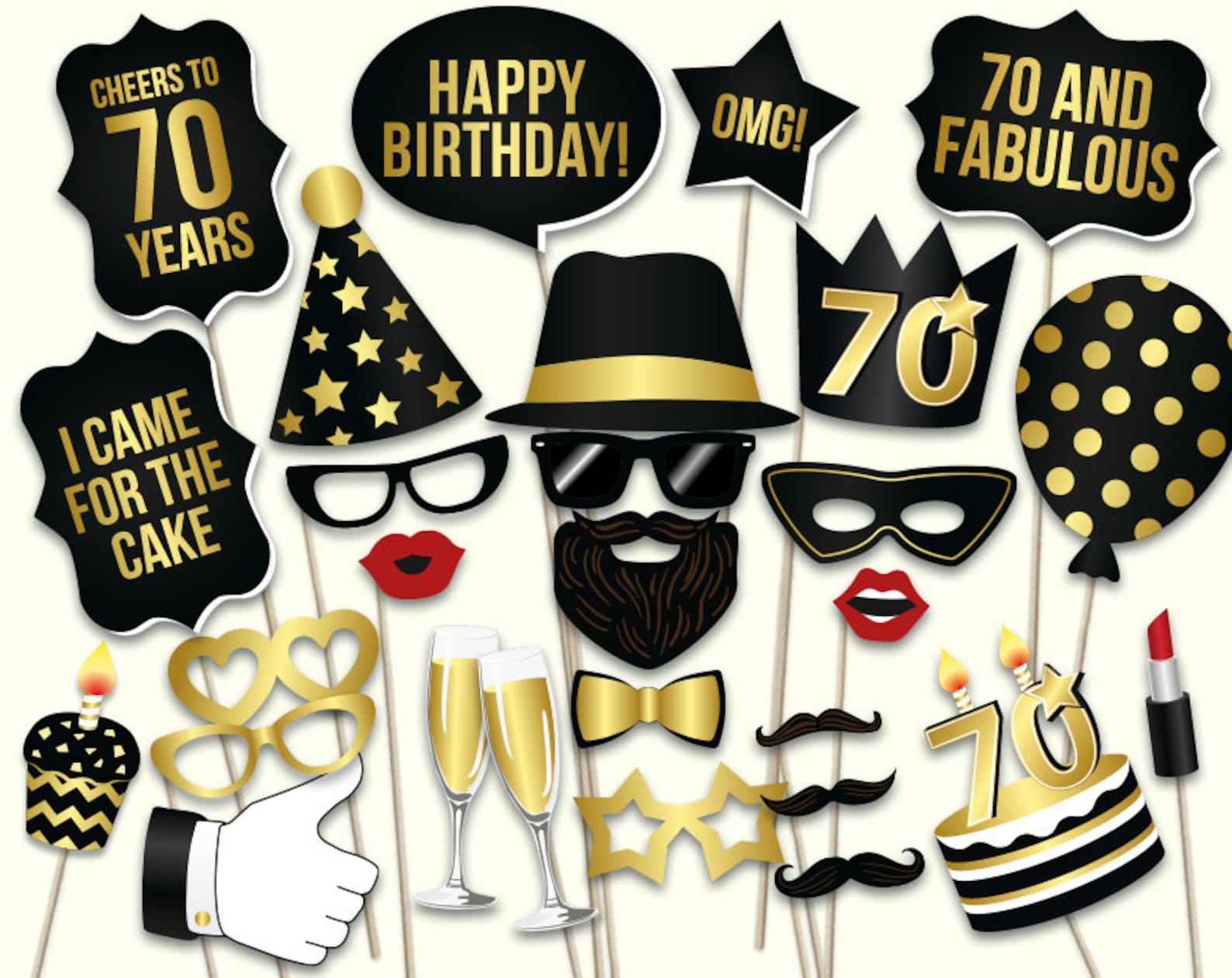 70th Birthday Photo Booth Props: Printable PDF. Black and Gold ...
