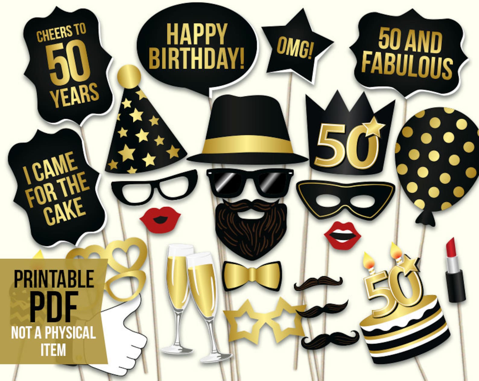 50th Birthday Photo Booth Props: Printable PDF. Black and Gold Fiftieth ...