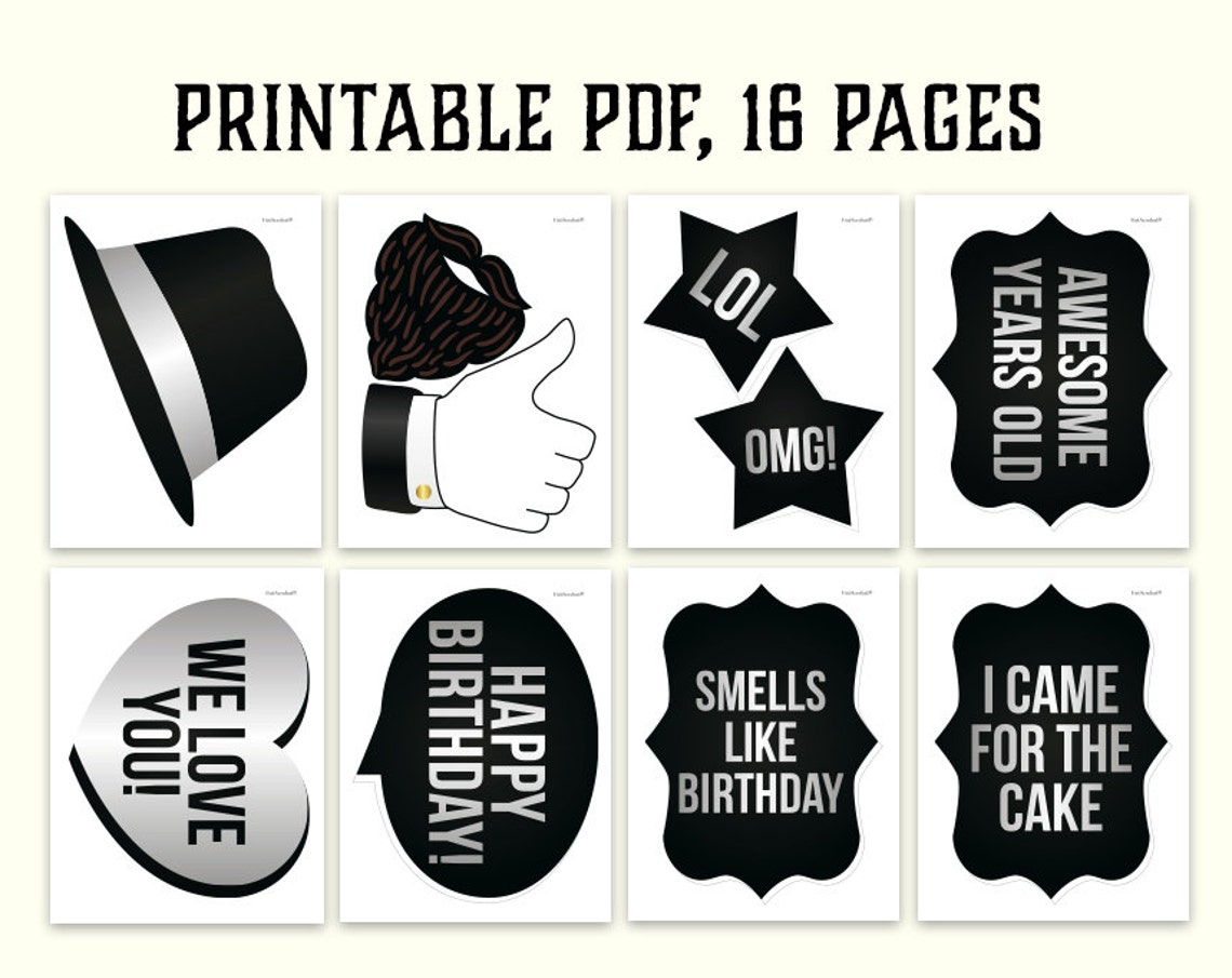 Birthday Photo Booth Props: Printable PDF. Black and Silver - Etsy