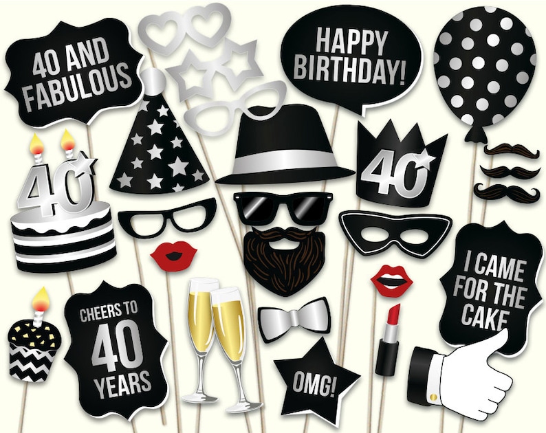 40th Birthday Photo Booth Props: Printable PDF. Black and Silver ...