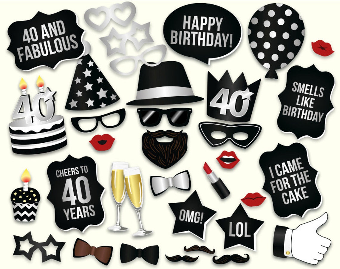40th Birthday Photo Booth Props: Printable PDF. Black and Silver ...