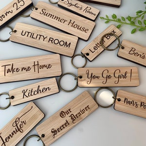 Personalised Engraved Wooden Keyring Custom Key Fob Door Key Label Book ...