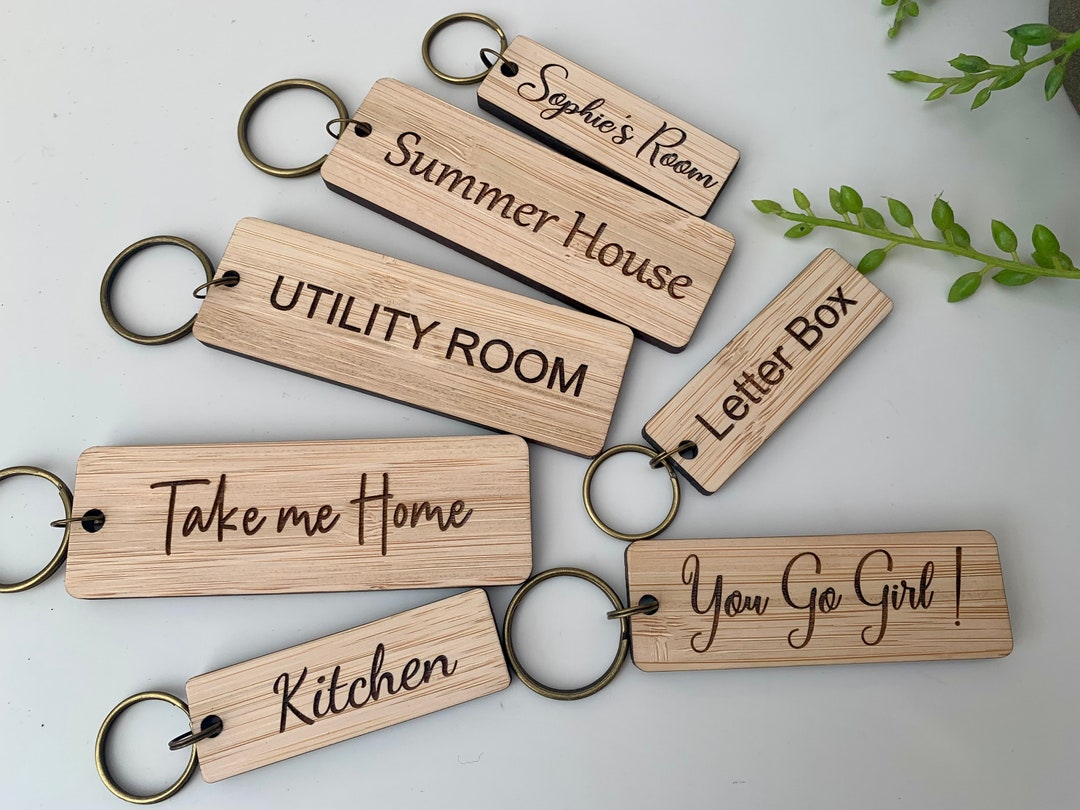 Personalised Engraved Wooden Keyring Custom Key Fob Door Key Label Book ...