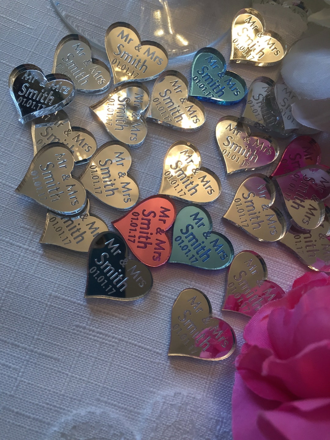 30 Personalised Mr Mrs Mirror Hearts Table Confetti Scatter Hearts ...