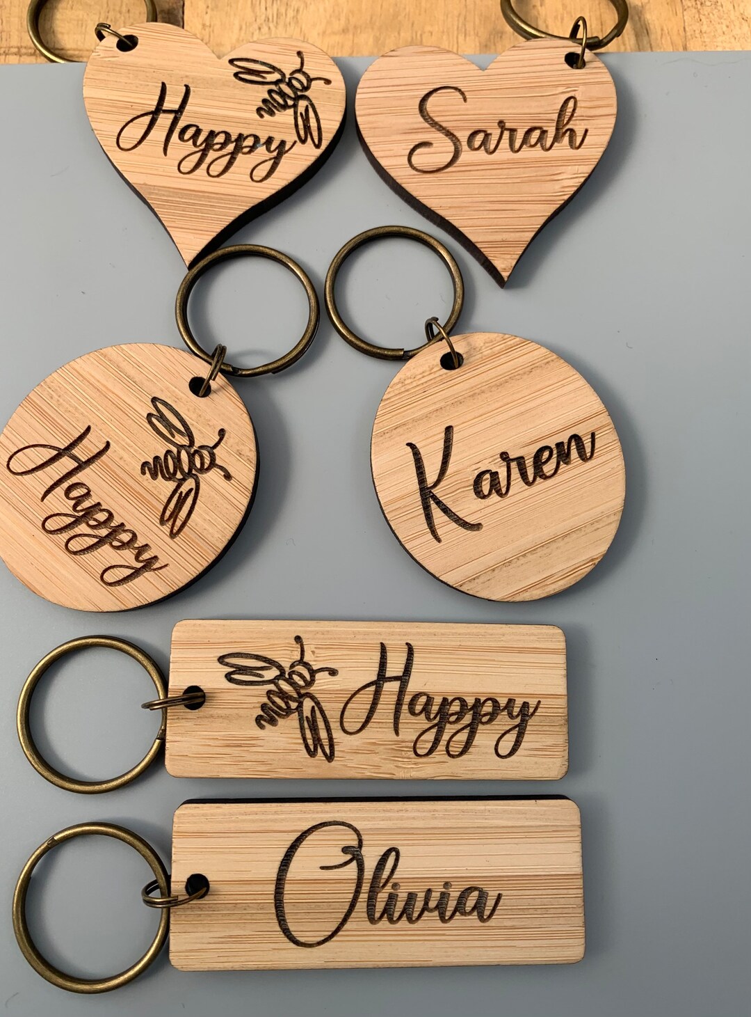 Personalised Engraved Bee Happy Wooden Keyring / Custom Key Fob / Book ...