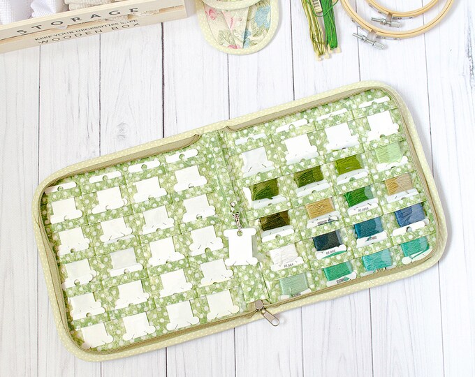 Vintage Floral Green Floss Zipper Organizer Holder for 40 Small Bobbins ...