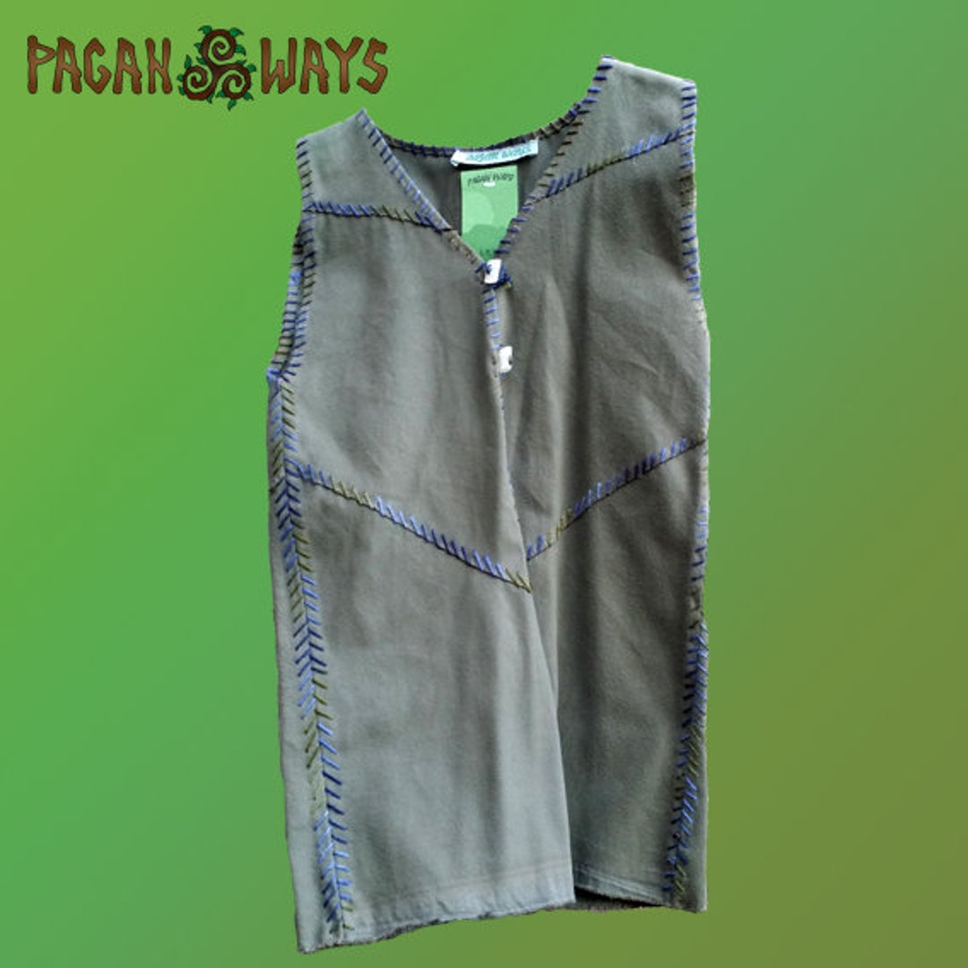 Pagan Fantasy Vest - Green Woolen Vest With Green Blue Thread - Faery ...