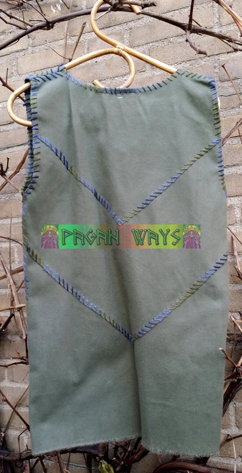 Pagan Fantasy Vest - Green Woolen Vest With Green Blue Thread - Faery ...