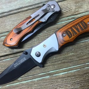 Hunting Knife, Engraved Spring Assisted Wood Handle Pocket Knives ...