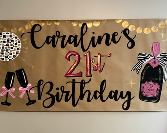 Twenty First Birthday Banner, Girly, Cute, Bows, Bow Banner, Champagne ...