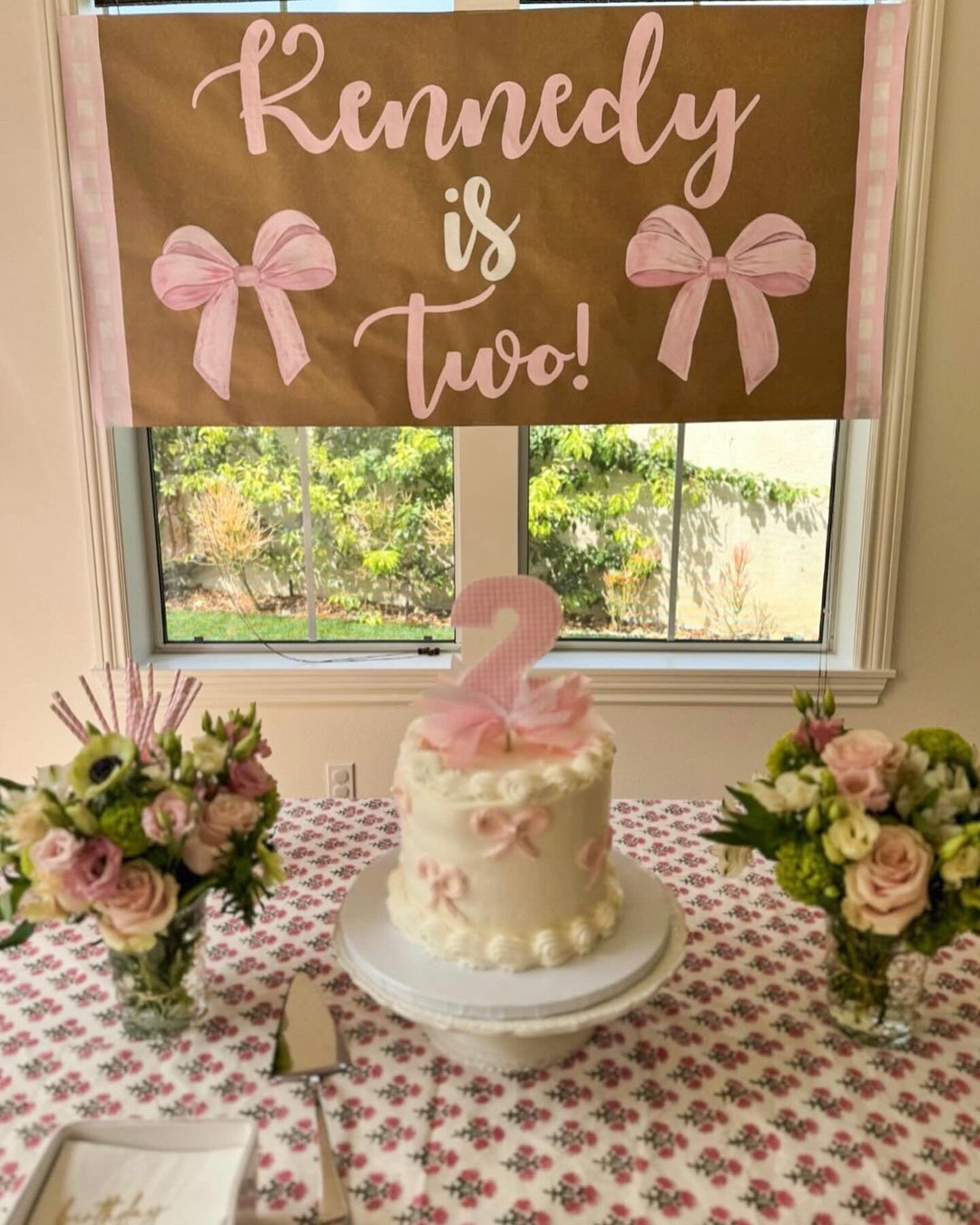 Hand Painted Birthday Banner, Bows and Pink Gingham, Classic Birthday ...