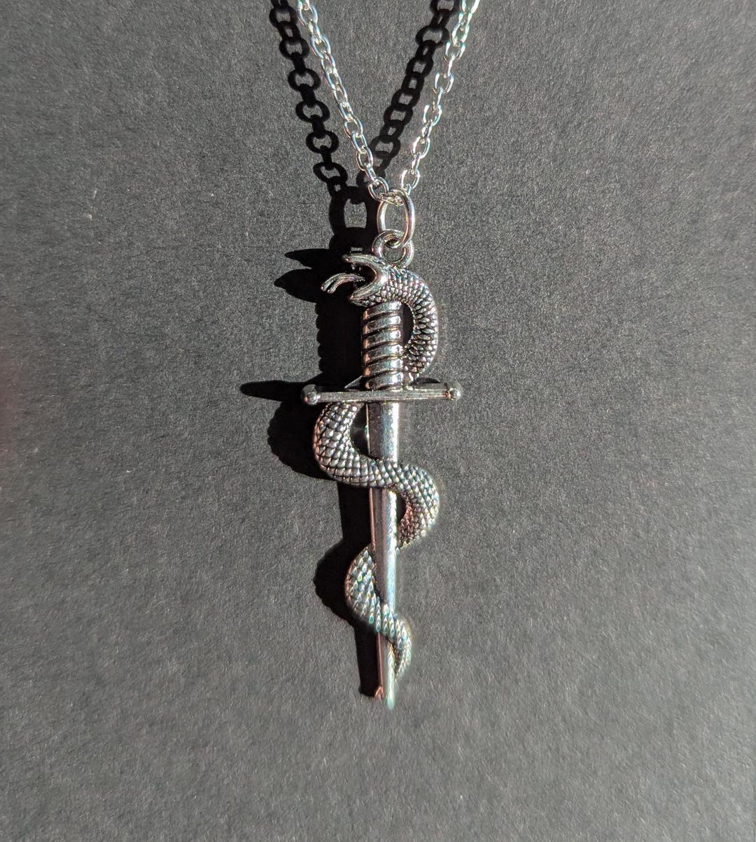 Silver Plated Gothic Necklace. Snake on Sword Halloween Punk Enamel ...