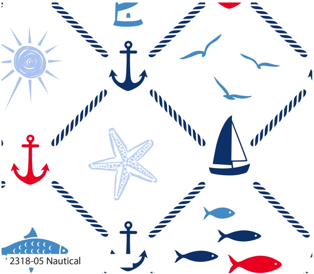White Nautical Fabric Sail Boat Design Starfish, Fish, Anchor, Seagull ...