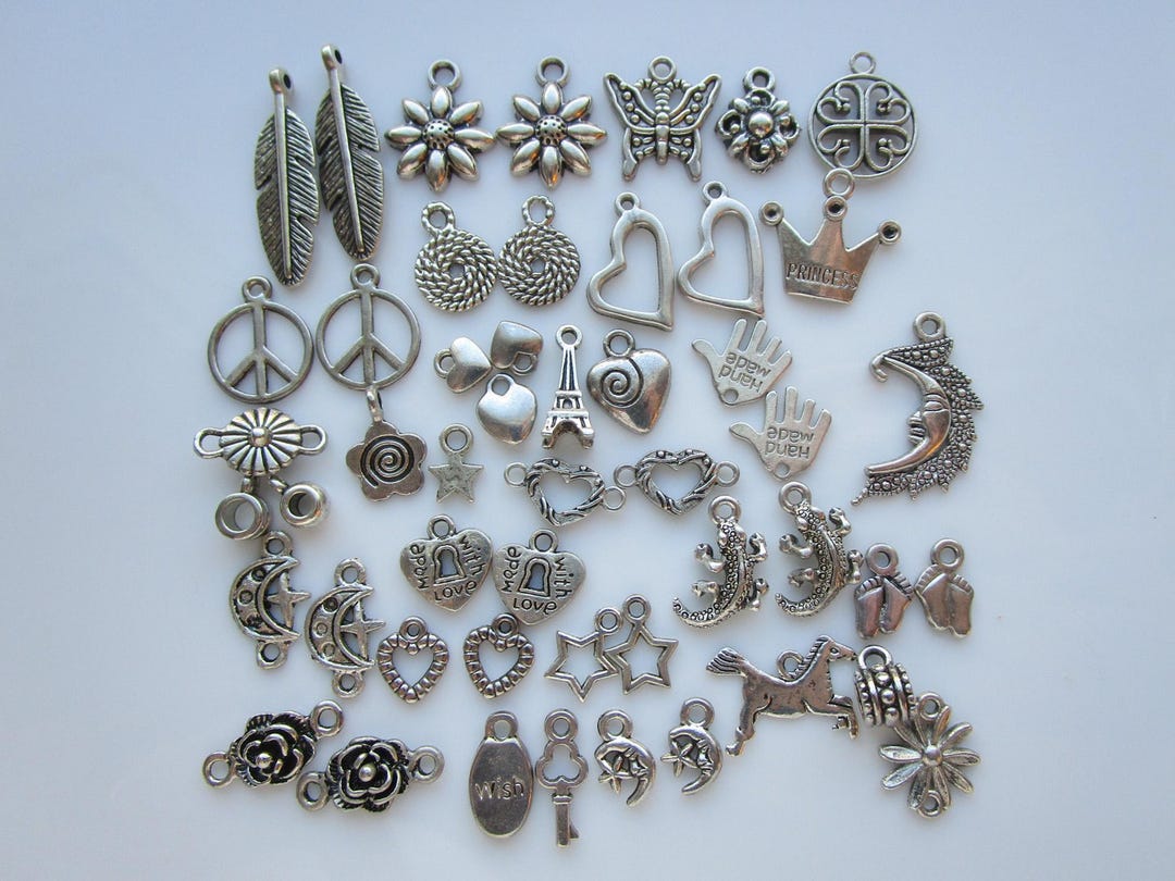 50 Pewter Charms, Mixed Lot Feathers, Stars, Flowers, Hearts ...