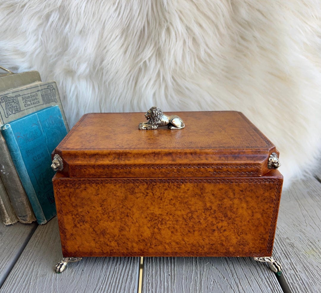 Vintage Leather Wrapped Lion Jewelry Box, MCM Lidded Trinket Box ...