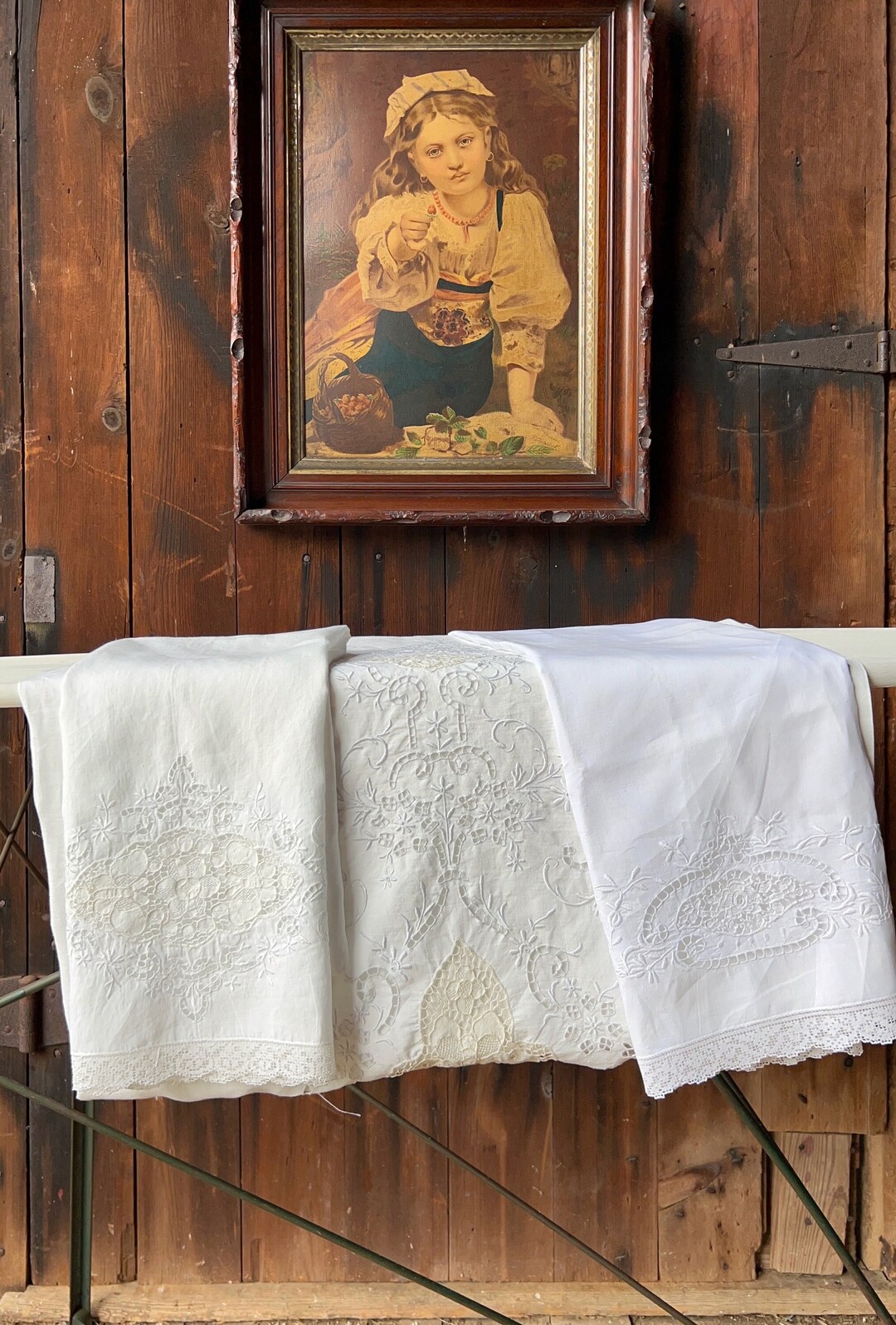 Antique Heirloom Linen Sheet Set, White Embroidered Lace Sheet and 2 ...