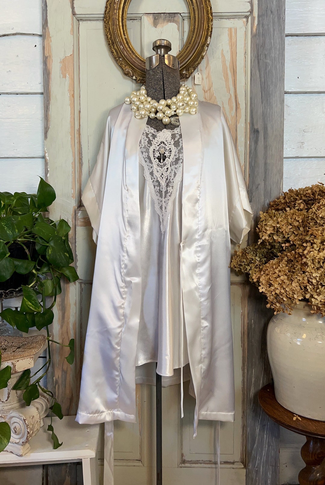 Vintage Peignoir Set, Ivory Slip Dress, Kimono Robe, Satin Lingerie Set ...