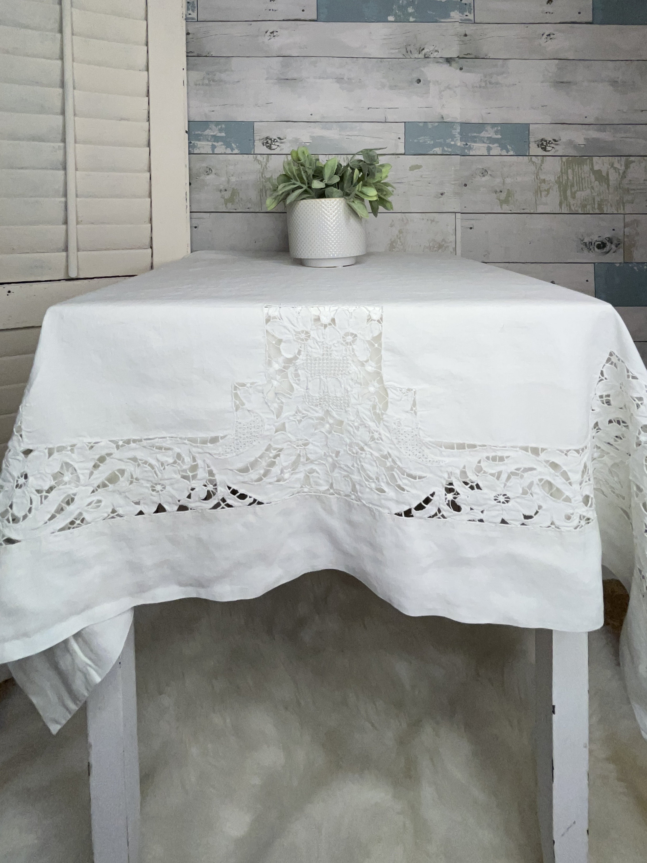 Vintage White Linen Tablecloth, Embroidered Floral Table Runner ...